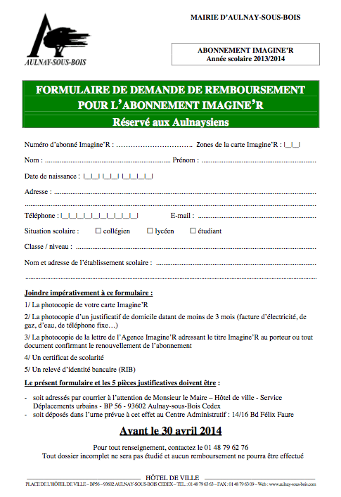 Participation de la ville d'Aulnay aux frais de la carte Imagine'R ...